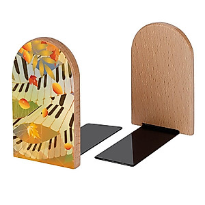 Musical Autumn Keyboard Leaves Book Ends Decorative Wood Bookends for Shelves Kids Room Desk Home Office Book Stoppers for Magazines,Books, DVDs, 1 Pair/2 Pieces(5x3.1 in)