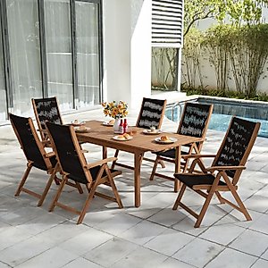 OC Orange-Casual 7 Pieces Patio Dining Set Outdoor Furniture with 6 Foldable Acacia Wooden and Rope Chairs and Large Table for Outdoor,Yard, Garden, Porch, Black