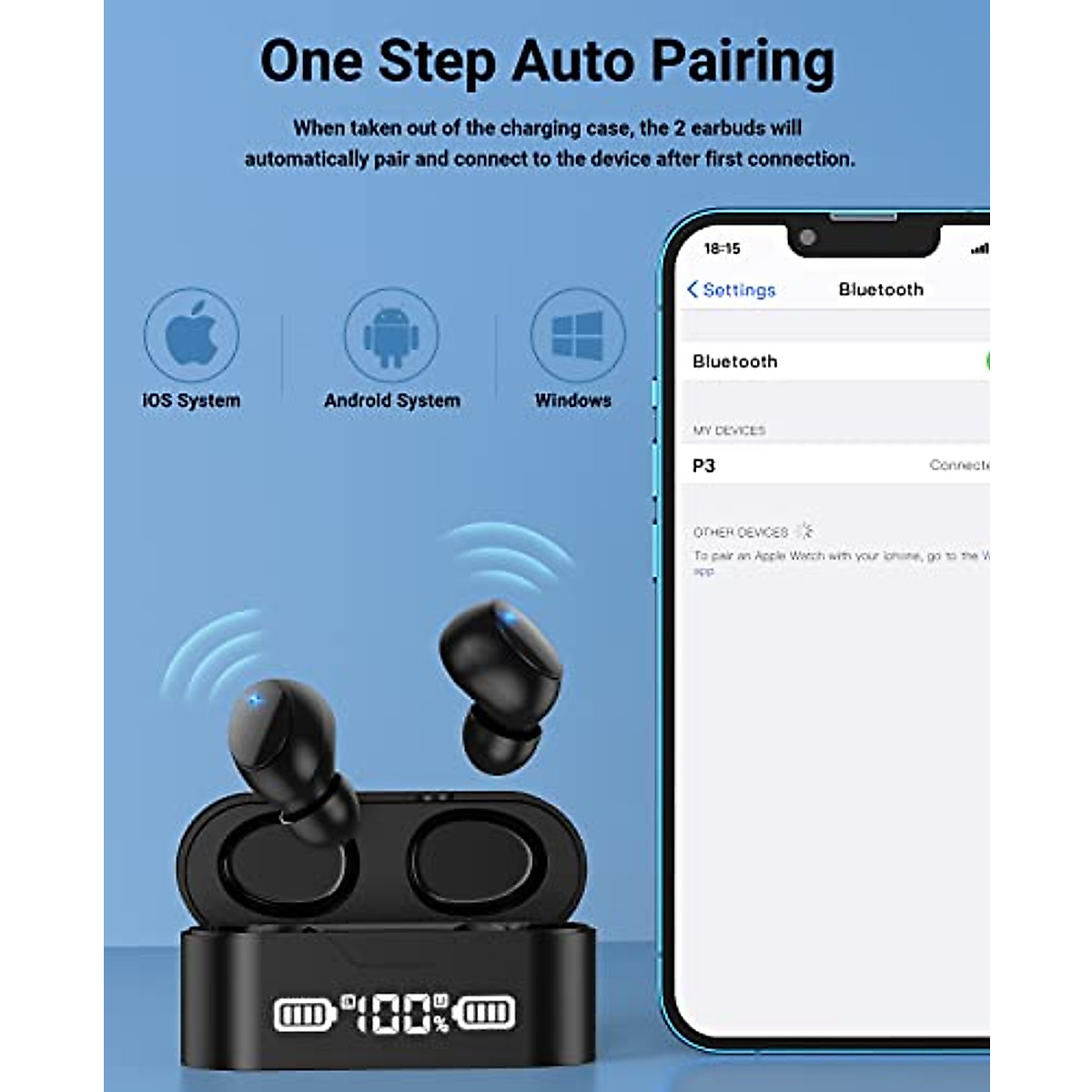 FEANS Wireless Earbuds P3 Bluetooth 5.3 Call Noise Cancelling Earbuds in Ear Headphones with Microphones LED Digital Display IPX5 Waterproof Earbuds for iPhone Android PC Laptop Sport Workout