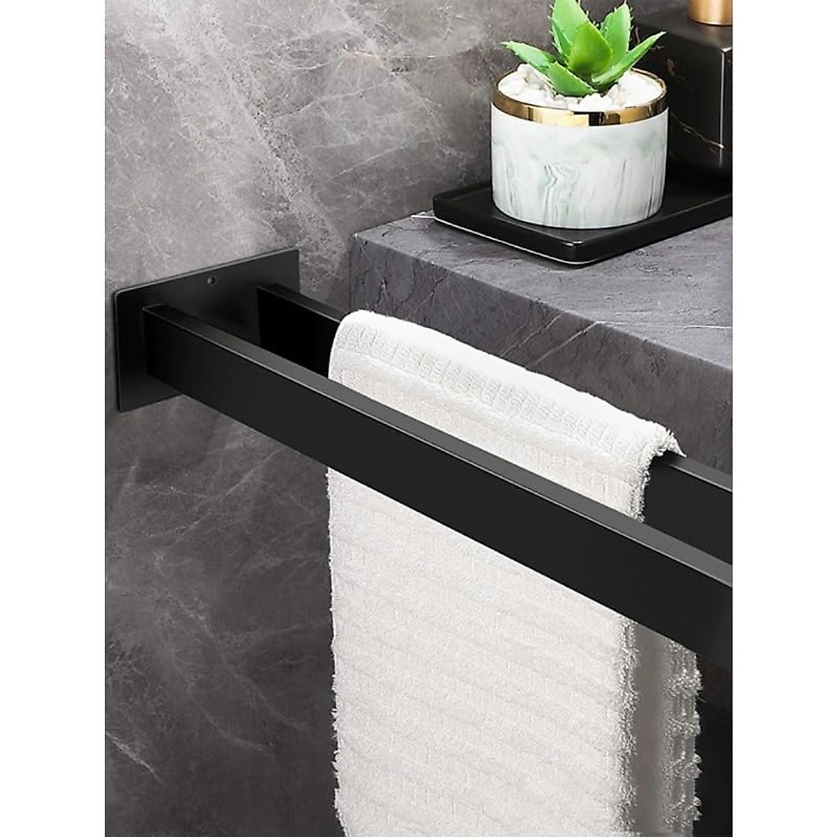 Black Premium Stainless Steel Hand Towel Holder Square Tube Horizontal Double Pole No Punching + Punching Dual Use Heavy Duty Wall Mounted Hotel Bathroom Minimalist Towel Rack