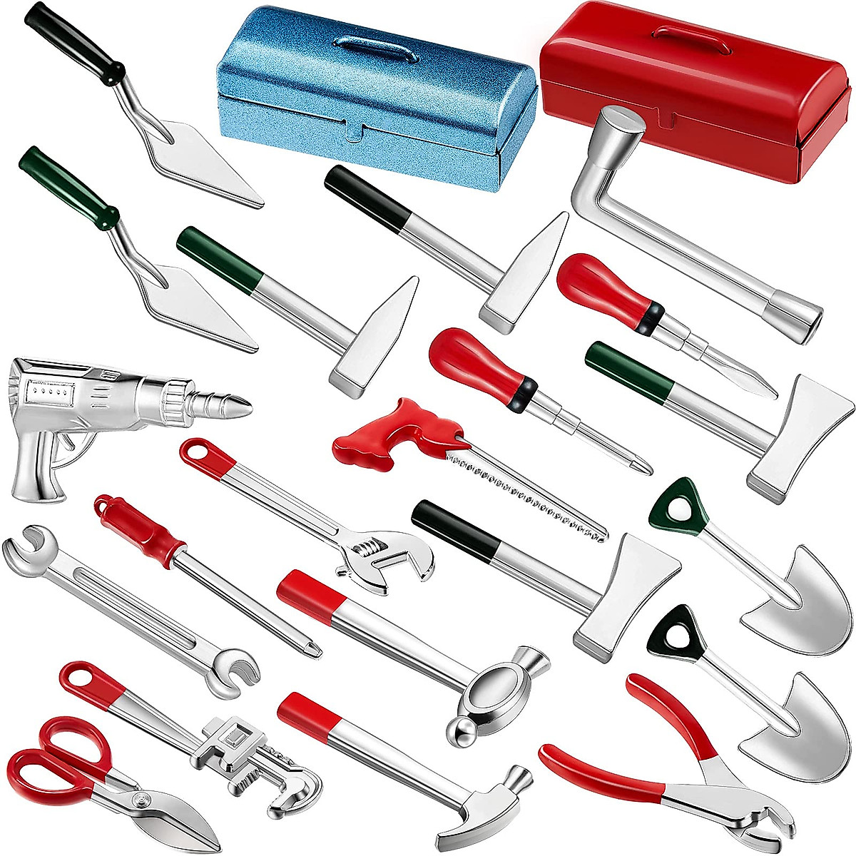 Aoriher 23 Pieces 1:12 Miniature Dollhouse Tools Dollhouse Metal Repair Tool Miniature Scene Model Work Tools with 2 Tin Boxes for Dollhouse Decoration Child Pretend Toy DIY Crafts Ornament