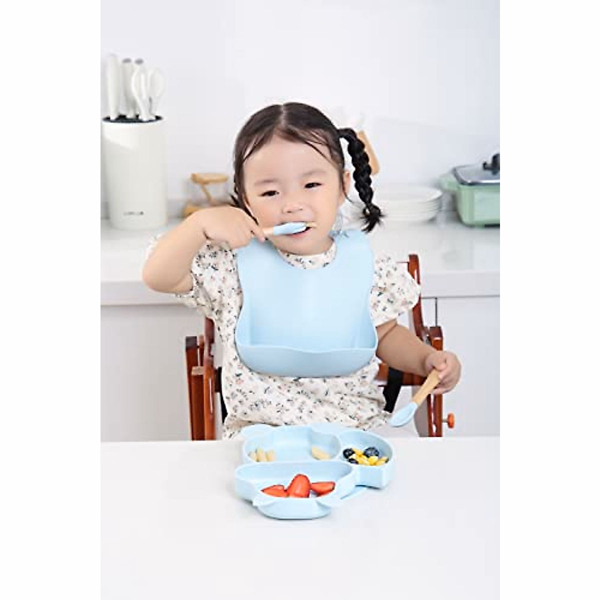 Silione Baby Feeding Set Including Baby Suction Plate/Todder Plates For Self Feeding Training With Divided Design/Soft spoon/Fork/Adjustable Bib Toddler Dish Kit(Grey C)