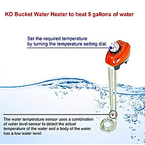 KD 1300W Immersion Bucket Water Heater, Auto Shutoff, Overheating Prevention, Auto Water Level Senor, Adjustable Thermostat, Easy-to-Use (RED / 1300 WATT)
