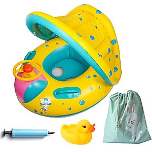 Inflatable Baby Swimming Pool Floats with Removable Sun Protection Canopy, Toddler Floaties with Seat and Handle, No Flip Over Baby Boat Swim Floats for Age of 6-36 months, with Hand Pump, Storage Bag