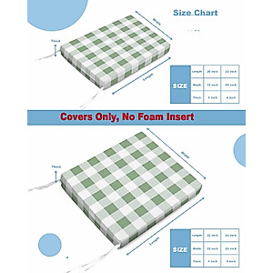 Onekaccu 2 Pack Indoor/Outdoor Seat Cushion Cover, Sage Green Cushion Seat Cover Waterproof Chair Cushion Slipcovers Pad with Ties for Patio Garden Spring Summer Buffalo Plaid 24Lx24W