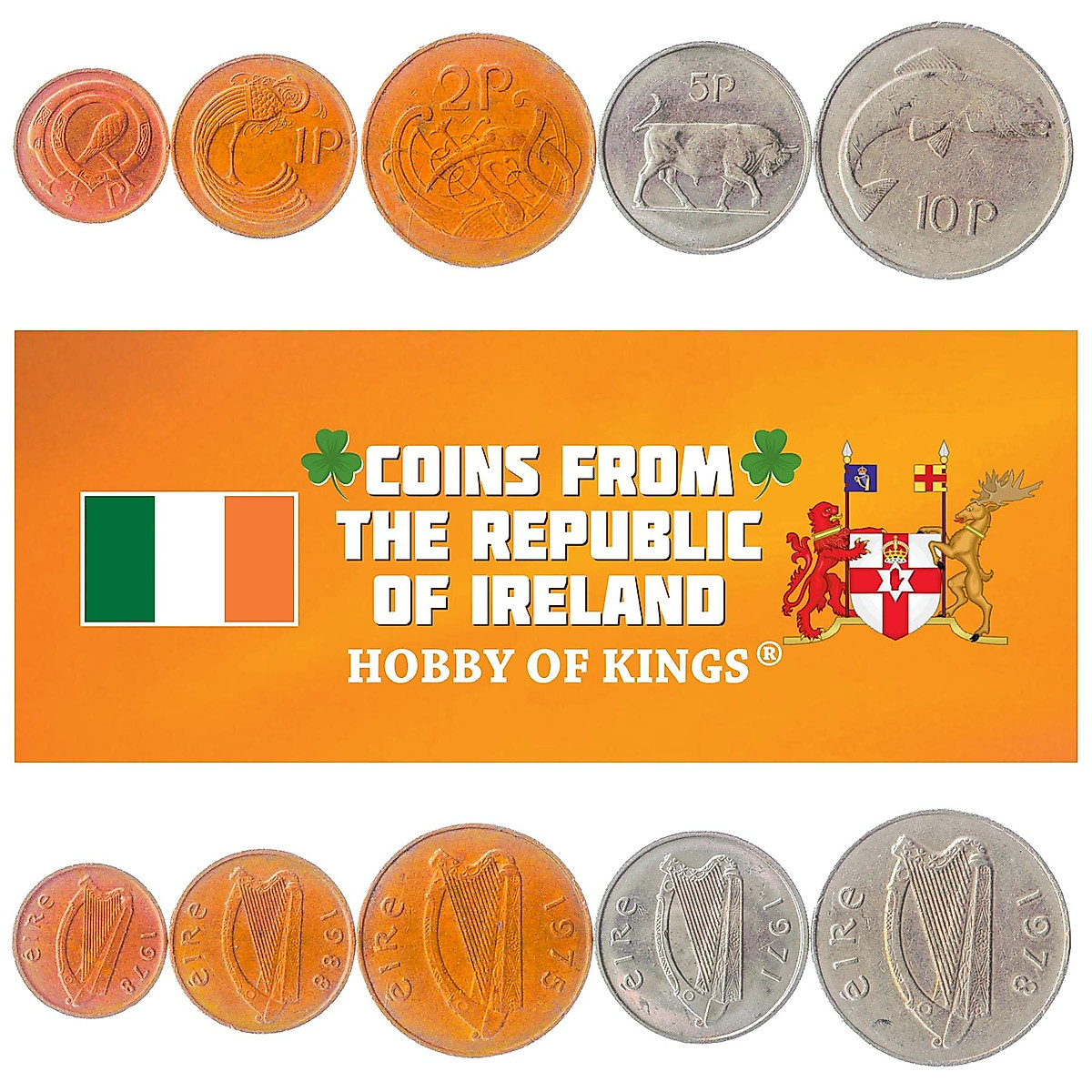 5 Coins from Ireland | Irish Coin Set Collection 1/2 1 2 5 10 Pence | Circulated 1969-1990 | Bull | Salmon | Celtic Harp