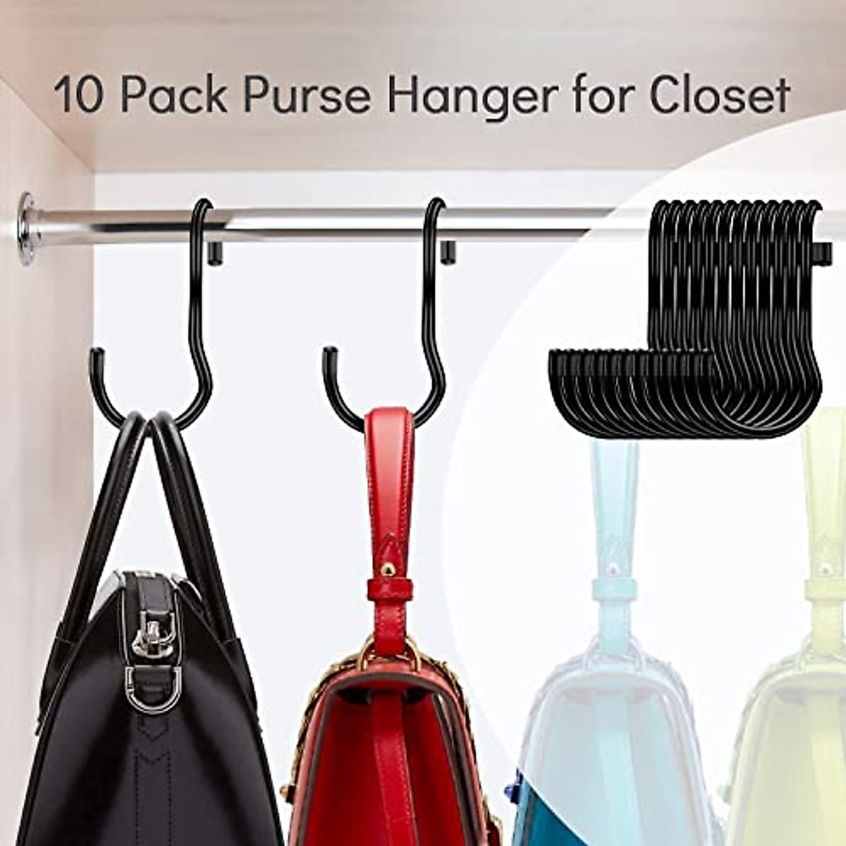 Purse Hanger for Closet - 10 Pack Closet Hooks for Bags - Unique Twisted Design Closet Rod Hooks Saves Space, Large Size Purse Hooks for Hanging Handbags, Belts, Scarves, Hats, Clothes - Black