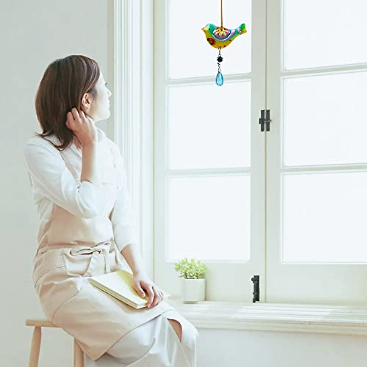 Fused Glass Bird Window Suncatcher,Indoor and Outdoor Hanging Decoration,with Crystal Pendant and Suction Cup,2 Pack Ornament for Home and Garden