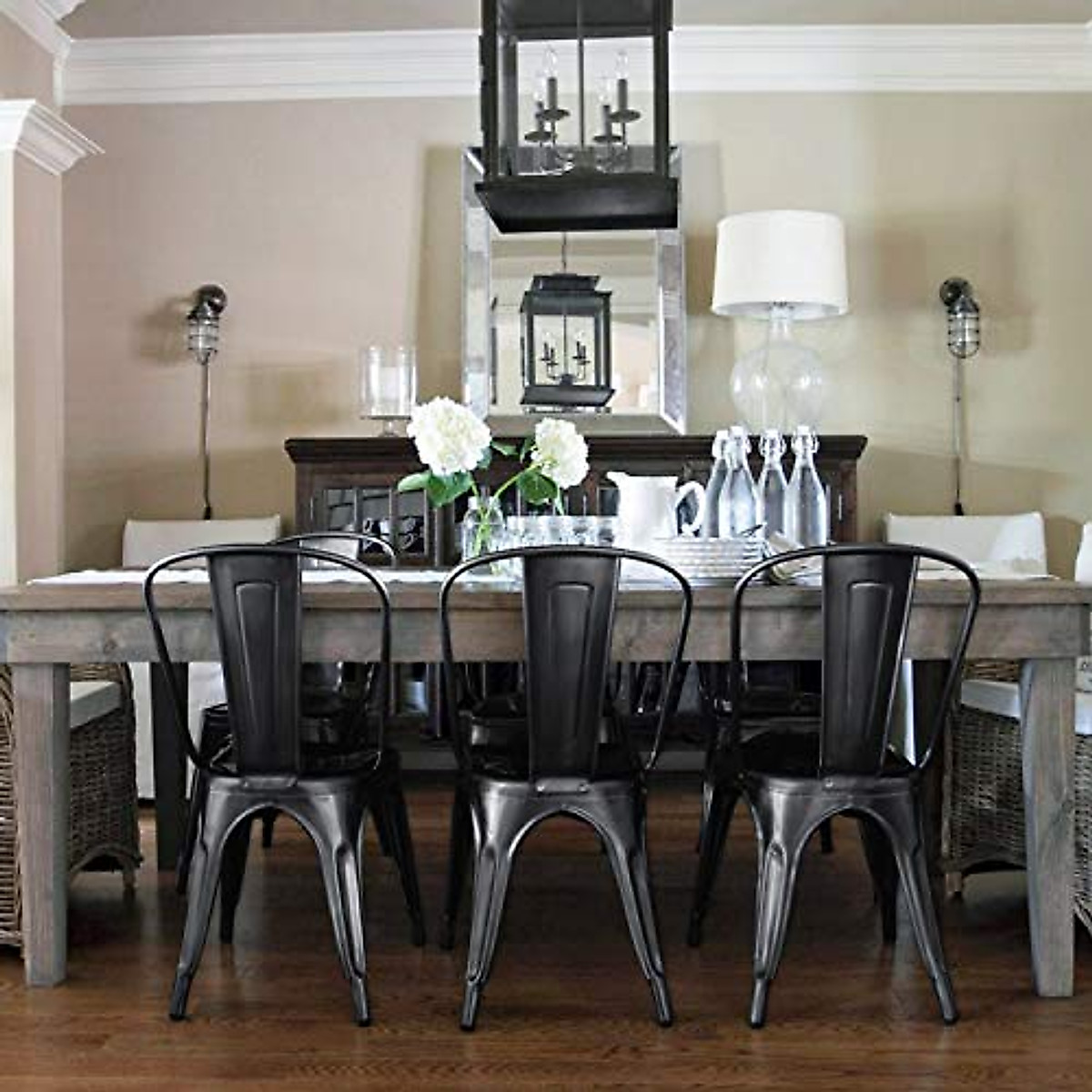 HCB Metal Dining Chairs Set of 4 Indoor Outdoor Patio Chairs Stackable Kitchen Chairs with Back Restaurant Chair 330 LBS Capacity (Black)