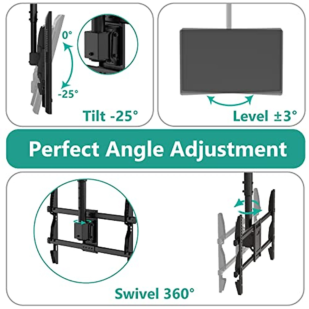 WALI Ceiling TV Mount, Full Motion Adjustable TV Mount Bracket Fits Most Ultrawide LED, LCD, OLED 4K TVs 37 to 70 inch, up to 110lbs, VESA 600x400mm (CM3770), Black