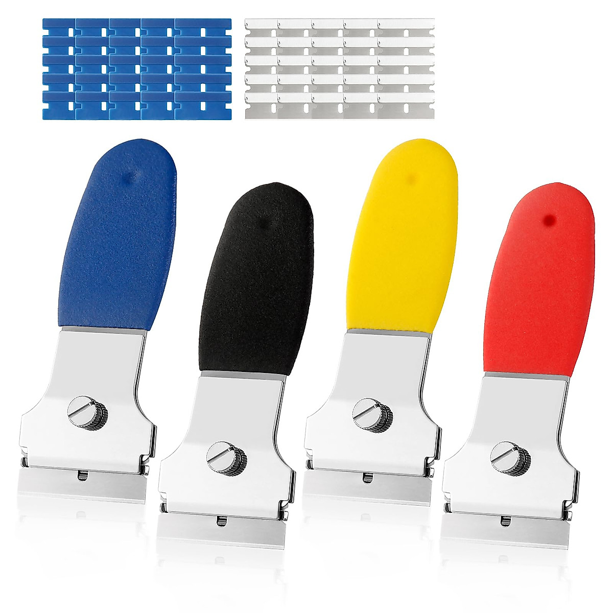 Rechabite 4 Pack Razor Blade Scraper, with 20 Metal & 20 Plastic Blades, Multi-Purpose Cleaning Remover Tool for Glass Caulk, Adhesive, Wall, Stovetop, Paint, Window, Sticker, Tile, Label Decals