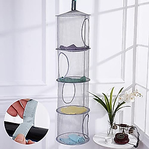 JIELUO 2pcs Hanging Mesh Storage Organizer Bag Foldable Space Saving Organizer with 2pcs S Hooks for Room Bathroom Wall Balcony Wardrobe(Grey，Blue)