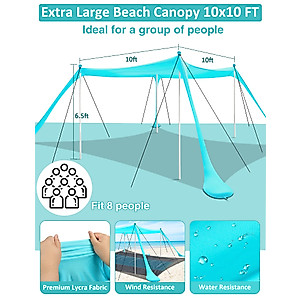anngrowy Beach Tent Canopy 10'x10' Beach Tents Sun Shelter 6-8 Person Beach Canopy Tent Sun Shade Easy Setup Pop Up Beach Shade Canopy Portable Beach Tent UPF 50+ Waterproof Windproof Beach Canopy