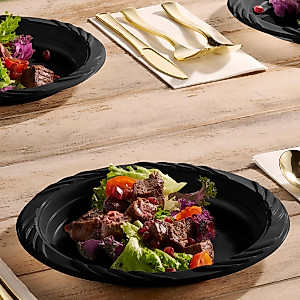 Munfix 200 Black Plastic Plates Set - 9 Inch Plastic Dinner Plates, Disposable Plates Bulk Pack, Party Plates for BBQ, Picnic, Parties, Travel and Events, Microwavable Recyclable