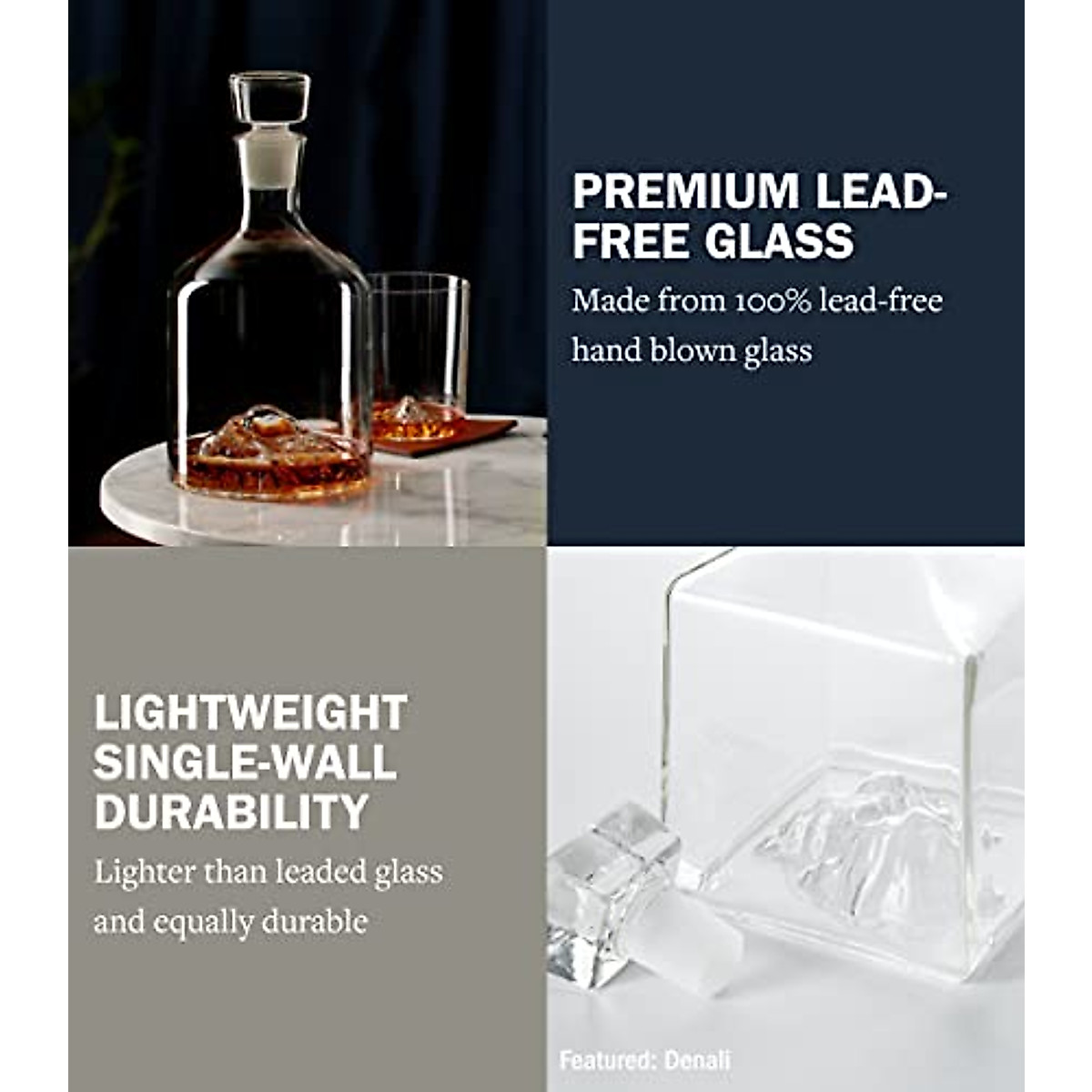 Whiskey Peaks Half Dome Decanter, 44 fl oz, Glassblown, Lead-Free Crystal with Stopper