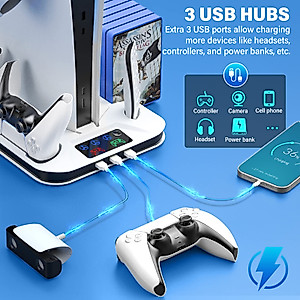 Stand with Cooling Fan and Dual Controller Charger for PS5 Cooling Station Accessories with Cooling Fan Controller Charging Station with 13 Game Slots Headset Holder(Not Fit PS5 Slim Versions)