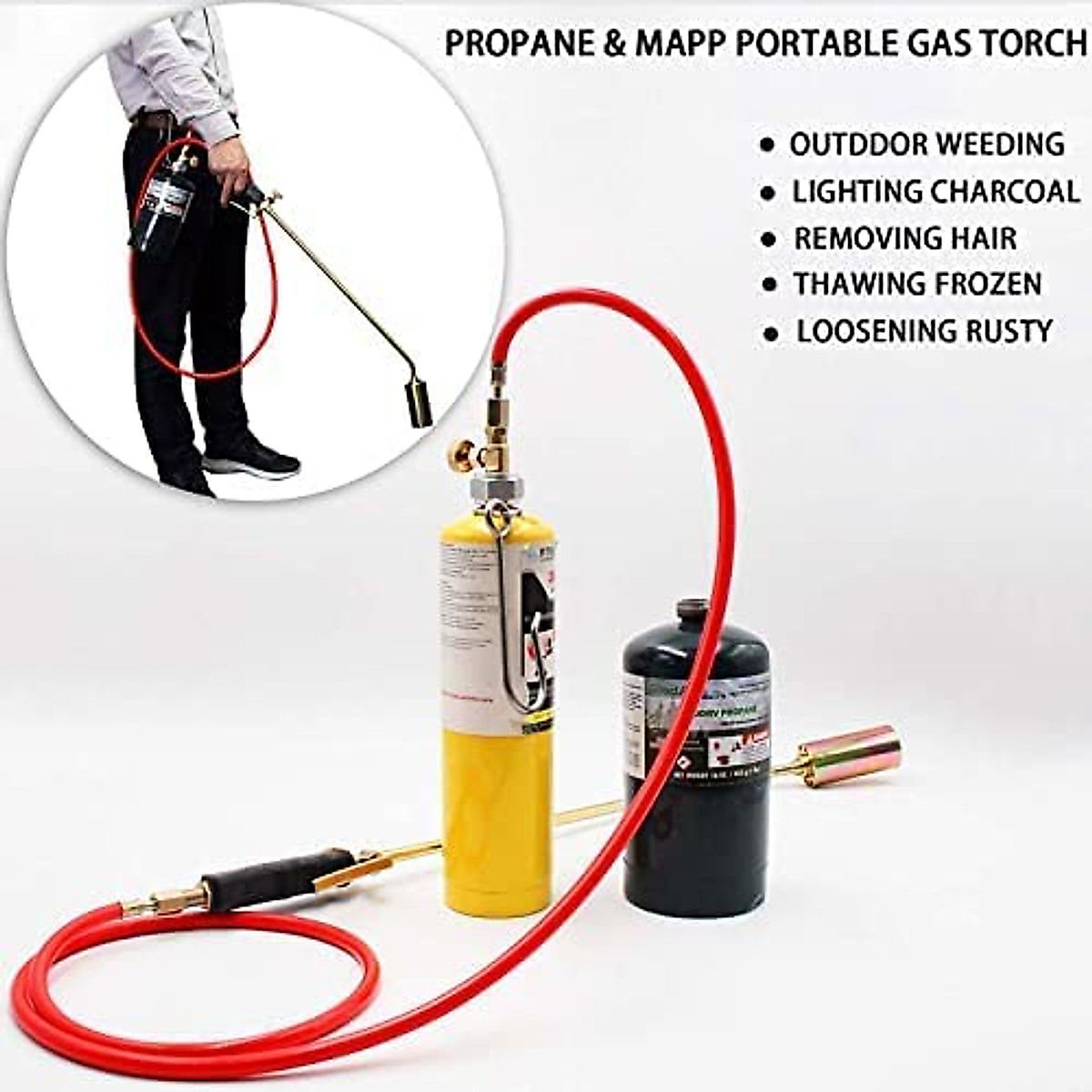 Propane Torch Weed,Heavy Duty Burner Torch,Weed Burner with Control Valve and 5.3 FT Hose for Garden Roofing BBQ lighter Snow Melting, Wrenches and Gloves