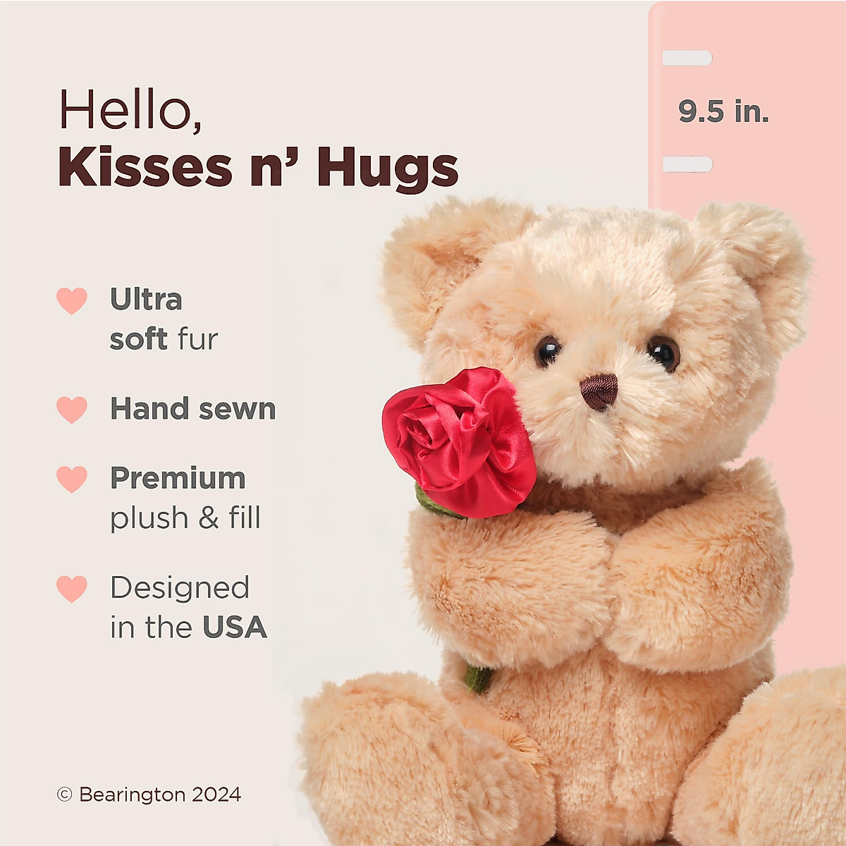 Bearington Remington The Teddy Bear, 9.5 Inch Valentine's Day Stuffed Animal, Ideal for Valentine's Gift for Kids & Girlfriends