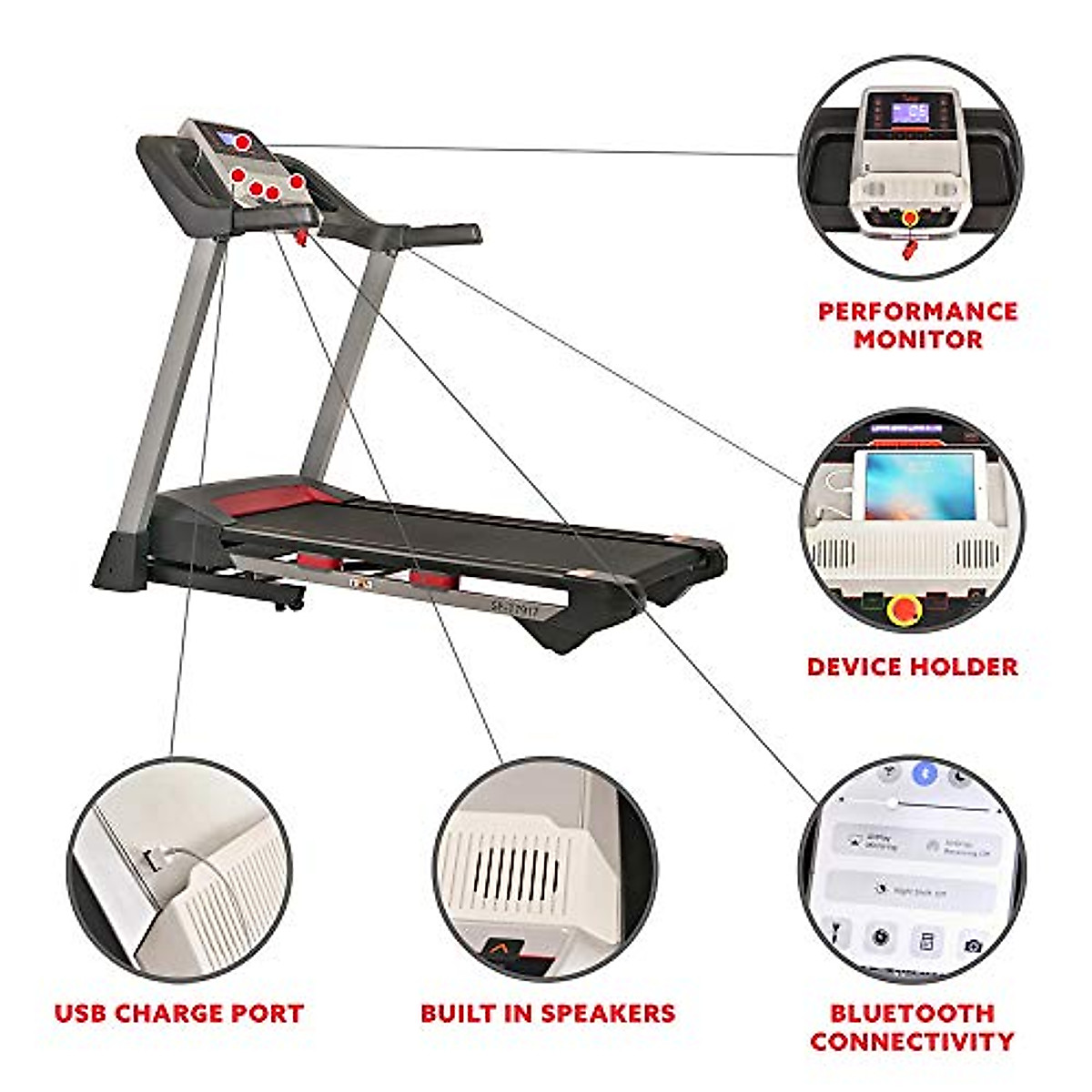 Sunny Health & Fitness Folding Treadmill for Home Exercise with 265 LB Capacity, Device Holder, Bluetooth Speakers and USB Charging - SF-T7917, Gray