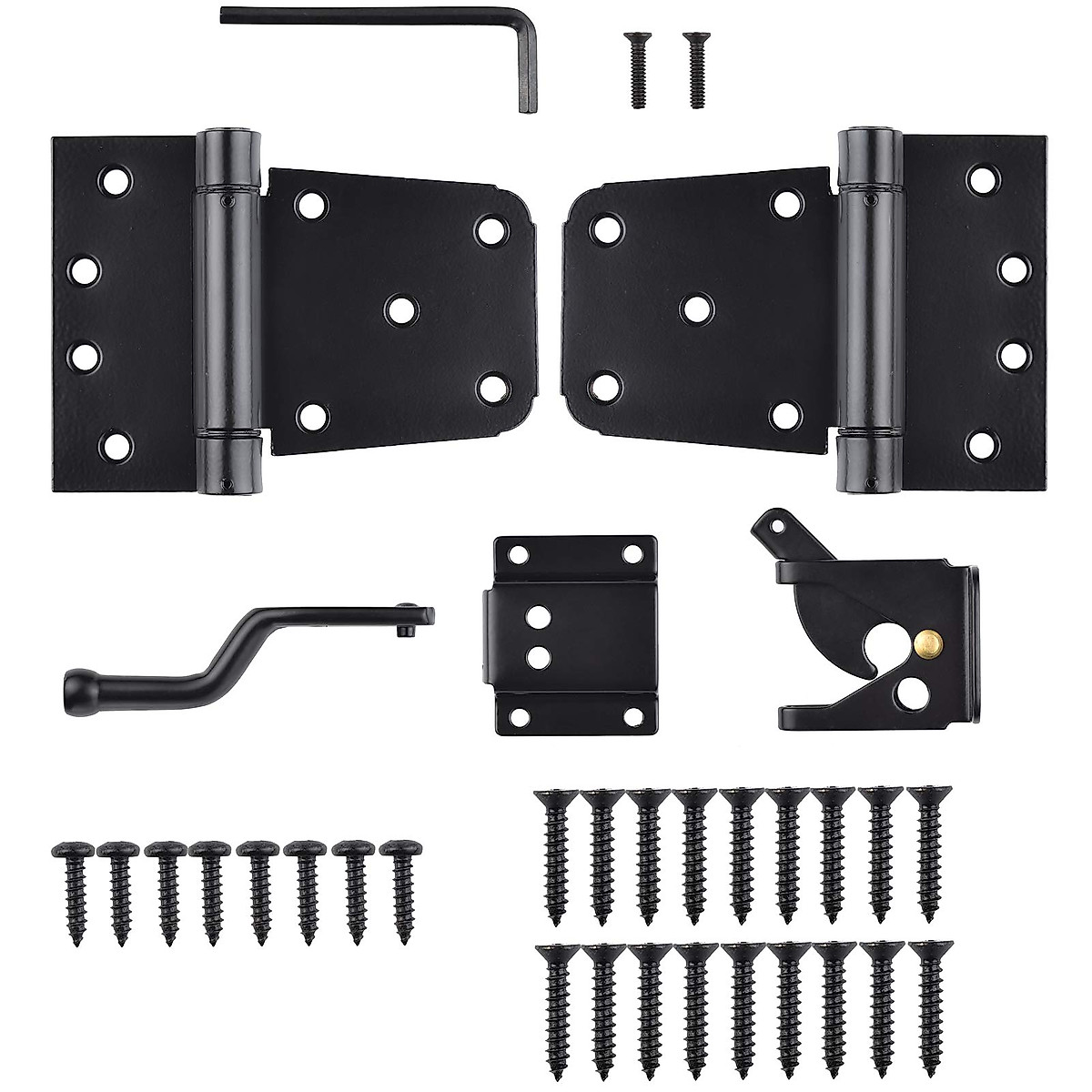 Self-Closing Gate Hardware Kit,1 Pack Self-locking Gate Latch and 2 Pack 3.5inch Heavy Duty Adjustable Spring Gate Square Barn Hinges,Black Finish Gate Hardware Set for Wood Vinyl Fence Gate Shed Door