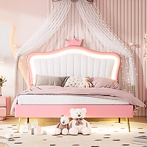 Queen Size Upholstered Princess Bed Frame with LED Lights and Crown Headboard,for Kids Boys Girls Teens Bedroom Use (Queen, White+Pink@LED Lights-)
