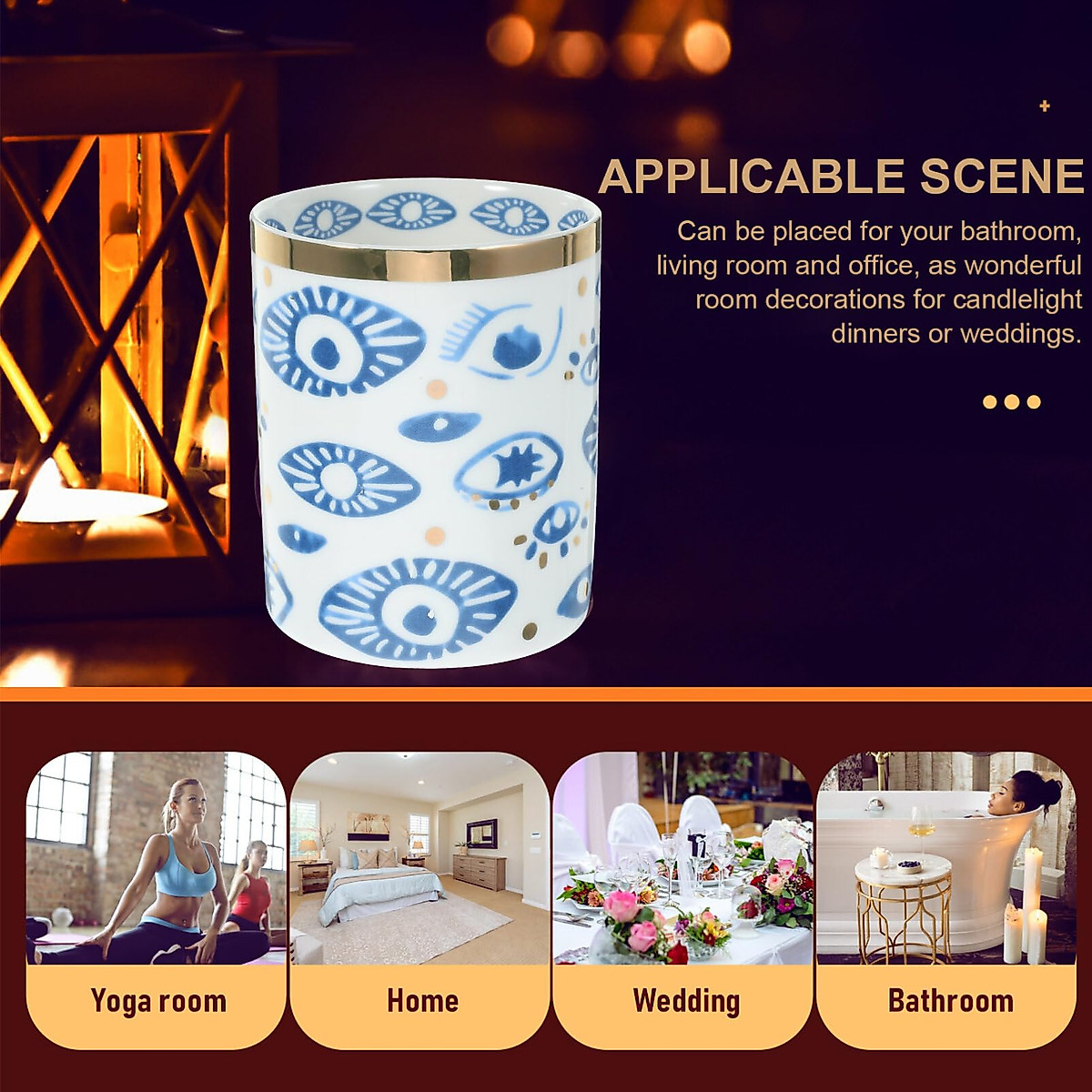 VOSAREA Aromatherapy Candle Jar with Lid Evil Eye Pattern Design Ceramic Makecup Cotton Swab Holder Decorative Candle Holder Bottle for Fireplace Kitchen Dining Decor