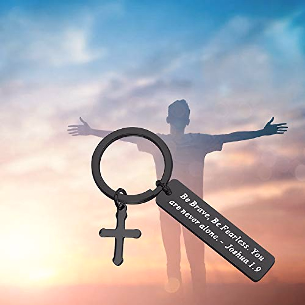 FEELMEM Christian Keychain Be Brave Be Fearless You Are Never Alone Joshua 1:9 Bible Verse Keychain Christian Religious Gift(black)