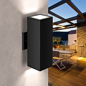 Tesjaso Dusk to Dawn Sensor Outdoor Wall Light Fixtures, LED Square Up and Down Lights, Modern Exterior Patio Lighting Sconce Aluminum IP65 Waterproof Lamp Dual Head NO Bulbs Wall Lantern