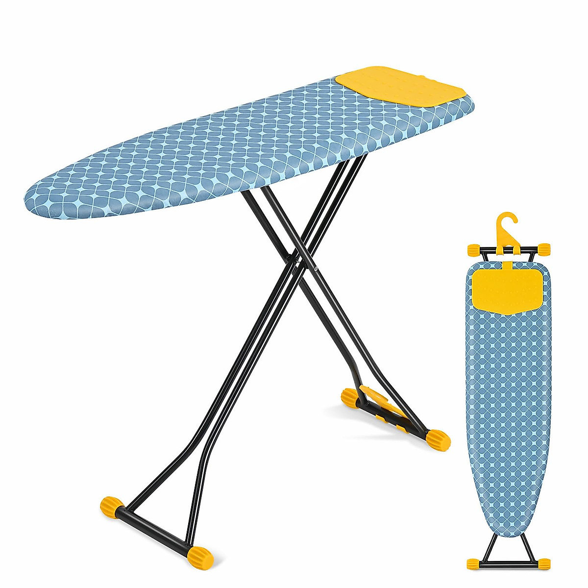 APEXCHASER Ironing Board with Iron Rest, Compact and Space Saver Iron Board, Extra Thick Cover, Height Adjustable, Wall Mount & Closet Hanger 13x43 Yellow