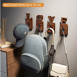 Rustic Coat Hooks for Hanging Keys, Hats or Bathroom Towels – Set of 4 Wall Mounted Wooden Hangers for Entryway, Modern Farmhouse Industrial Black Metal & Wood Home Décor, Love Sign Wedding Gift