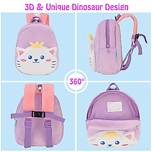 Toddler Backpack,Cute Plush Small Preschool Backpack with Leash Gift for Little Boys Girls Kids with Chest Strap,Purple Cat