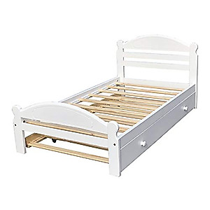 Twin Trundle Bed White Finish Solid Pine Wooden Arizona Trundle Bed 39 x 75 in Wooden Slats Support Unfinished Bedroom Single Wooden Bed Frame Hand Finished
