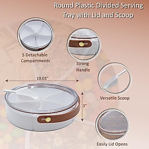 Divided Snack Tray with lid, Serving Tray with Handle, 5 compartments, Mini-scooper included,Storage Container for Nuts, Candy, Veggies and Fruit