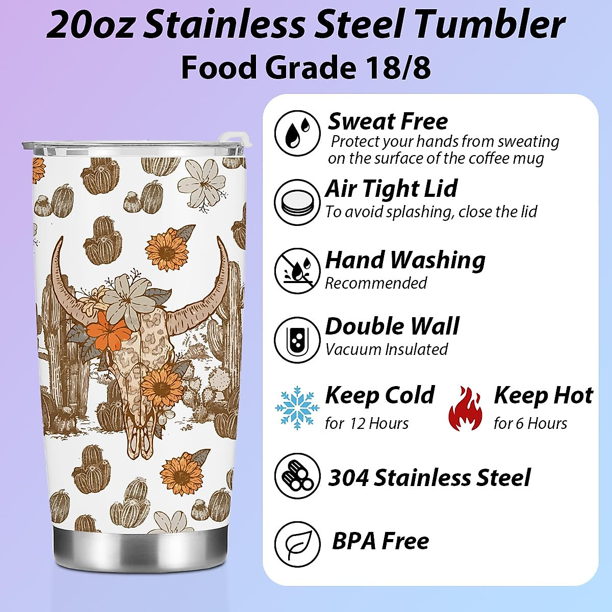 Birthday Christmas Presents Western Stuff, Boho Cow Skull Tumbler, 20 oz Tumblers Insulated Coffee Mug Stainless Steel Thermal Vacuum Travel Coffee Cup with Lid, Cow Stuff Western Gifts for Women