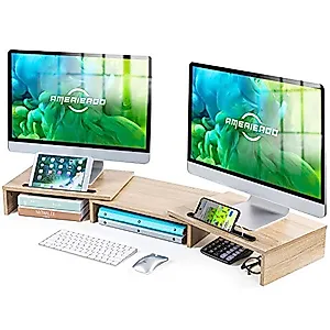 AMERIERGO Dual Monitor Stand -Adjustable Length and Angle Dual Monitor Riser, Computer Monitor Stand w/2 Slot, Desktop Organizer, Monitor Stand Riser for PC, Computer, Laptop (Wood)