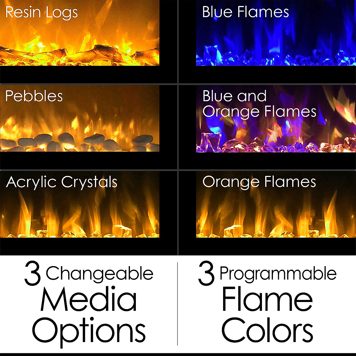 50” Electric Fireplace-Wall Mount or Recessed-3 Color LED Flame–Faux Log, Pebbles & Crystal Media Options, with Heat or No Heat by Lavish Home (Black)