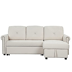 L-Shape Convertible Sectional Sofa with Pull Out Bed,Velvet Upholstery Corner Couch with Storage Chaise Lounge,3 Seater Comfy Small Sofabed with Rivets Dec for Living Room, Home, Apartment