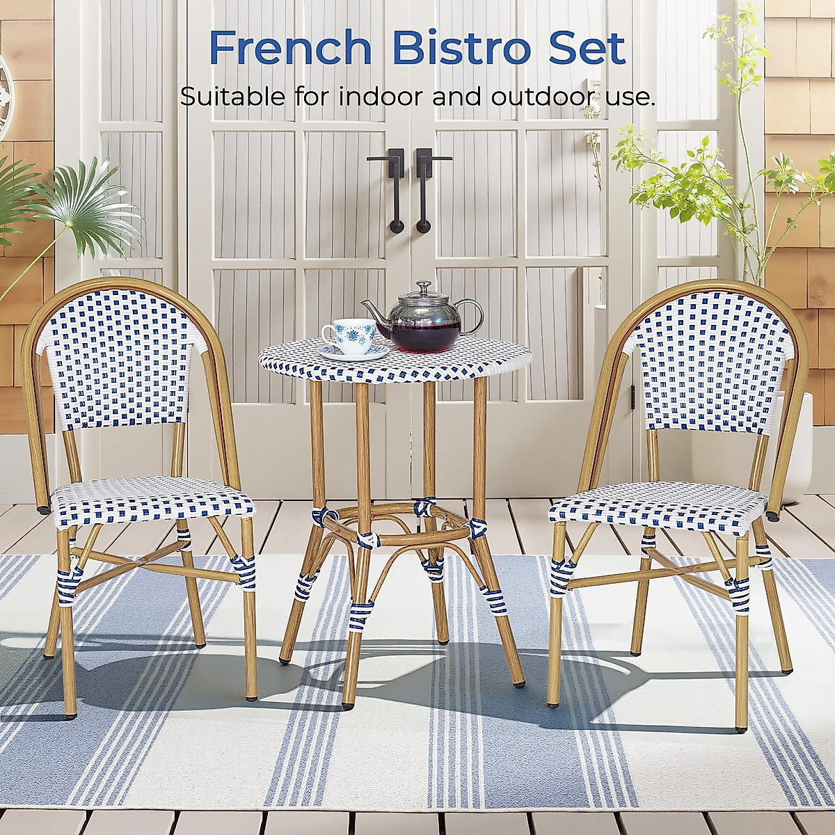 3 Piece Patio Bistro Set , French Wicker Outdoor Bistro Set with Round Table and 2 Dining Chairs , ‎Aluminum Wicker Furniture, All Weather Outdoor Patio Conversation Set for Garden Balcony Cafes Yard
