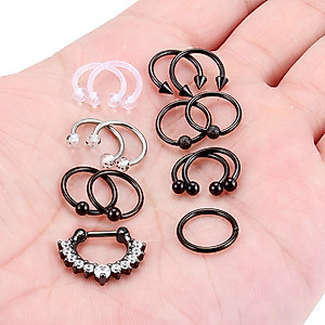 Yaalozei 16G Black Septum Rings Piercing Jewelry 16 Gauge Stainless Surgical Steel Septum Jewelry Horseshoes Cubic Zirconia Crystal Septum Nose Rings Earrings Hoop Piercing Jewelry for Women Men 10MM