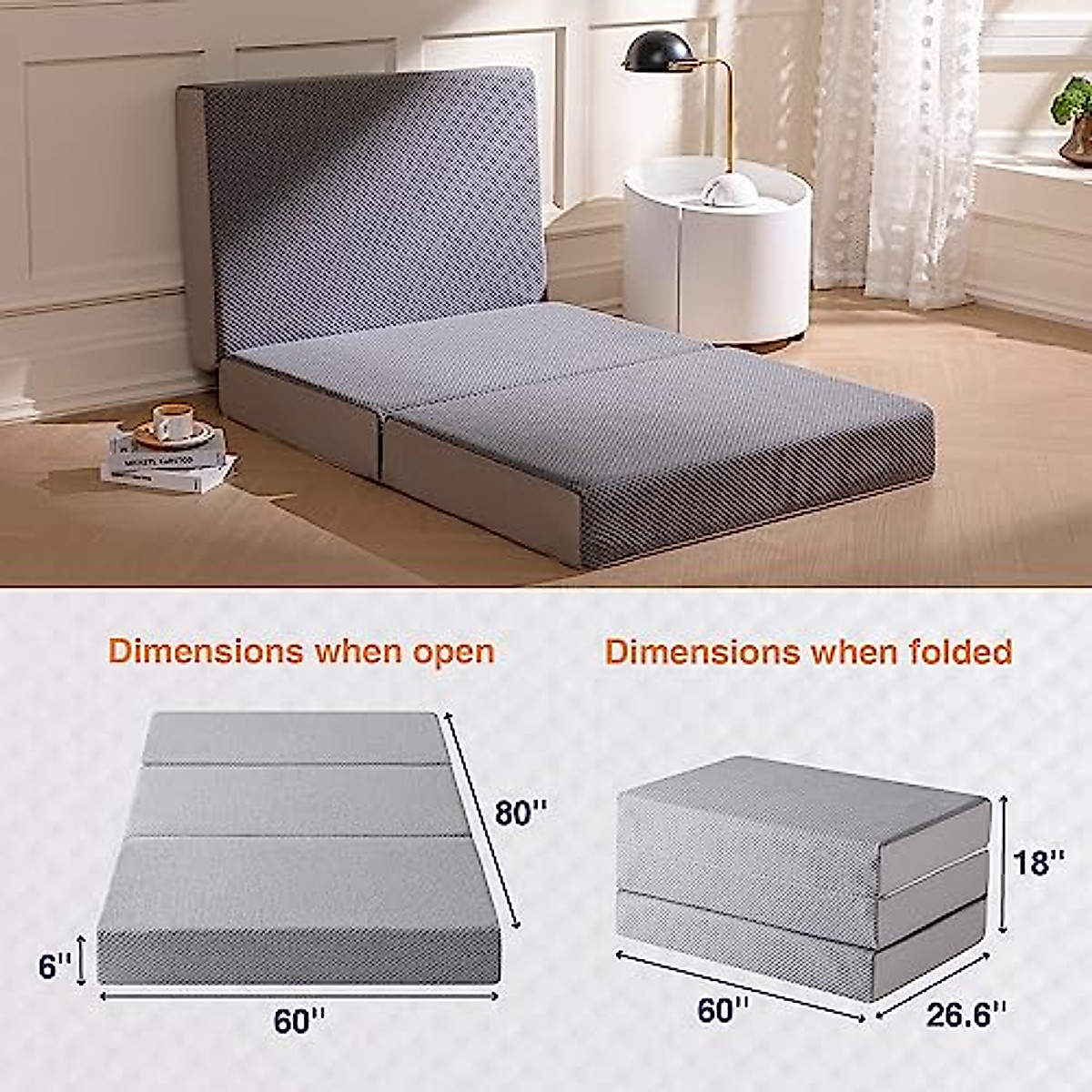 Dyonery Folding Mattress, 6 Inch Queen CertiPUR-US Certified Memory Foam Foldable Camping Mattress with Washable Cover, 80"×60"×6", Grey