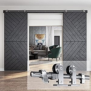 SMARTSTANDARD 12 Feet Top Mount Double Sliding Hardware Kit-Stainless Steel Heavy Duty Sturdy Barn Track-Simple and Easy to Install-Fit 36“ Wide Door Panel (T Shape Hanger)