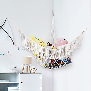64.6" x 64.6" x 44.9" Boho Stuffed Animal Toy Corner Hammock- Large Size Macrame Toy Hammock with 3pcs Non-Trace Nails Hanging Toy Organizer Storage Net for Kids Bedroom Nursery Play Room