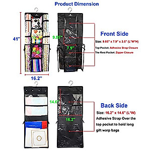 Freegrace Double Sided Hanging Gift Wrap Organizer | Large 16" x 41" Wrapping Paper Rolls Storage Bag | Tearproof & Space Saving Closet Gift Bag Organization Solution (Black)