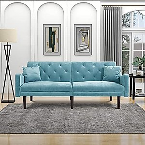 Eafurn Upholstered Futon Sofa Bed with Mattress and Frame, Convertible Loveseat Lounge Couch Daybed,Folding Love Seat w/Adjustable Backrest Sofabed, Blue w/Curved Armrest and 2 Pillows