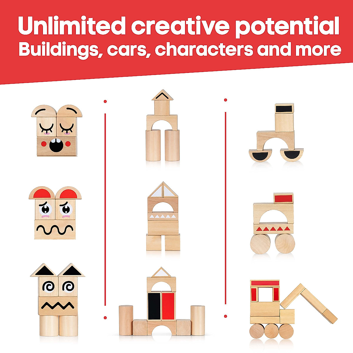 kipod Wooden Building Blocks Set for Kids (80Pcs) – Preschool Blocks Stacking Game – Construction and Matching for Emotional Development and Fine Motor Skills - Montessori Toy 2-8 Years