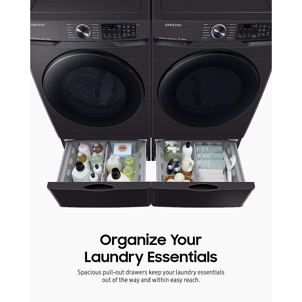 SAMSUNG 27-Inch Washer Dryer Pedestal Stand w/ Pull Out Laundry Storage Drawer, Stainless Steel, WE402NV/A3, Brushed Black