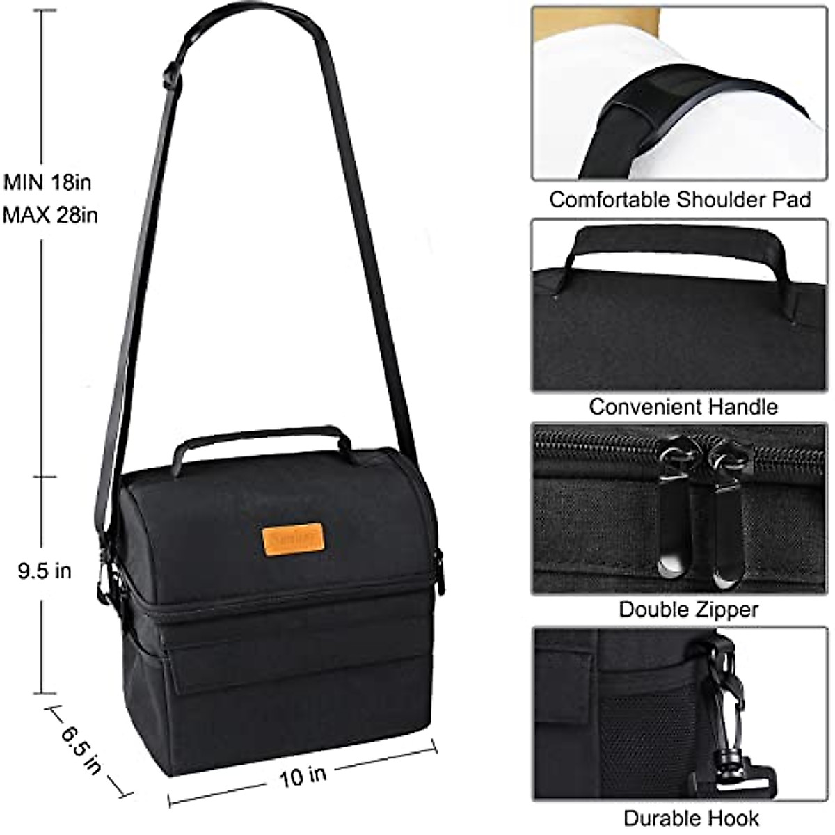 Naukay Dual Compartment Lunch Bag, Lunch Box for Women Men, Reusable Insulated Lunch Bags Cooler Tote Box with Adjustable Shoulder Strap for Office Work Picnic Hiking Beach Party Fishing- Black
