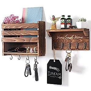 Innovation Key and Mail Holder for Wall, 2 in 1 Key Mail Holder for Wall, Wall Mail Holder with Shelf, Mail Holder with 9 Key Hooks, Pine Wood Vintage Brown