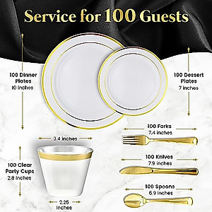 600 Piece Gold Dinnerware Set – 200 White and Gold Plastic Plates – Set of 300 Gold Plastic Silverware – 100 Gold Plastic Cups – Disposable Gold Dinnerware Set for Party or Wedding up to 100 Guests