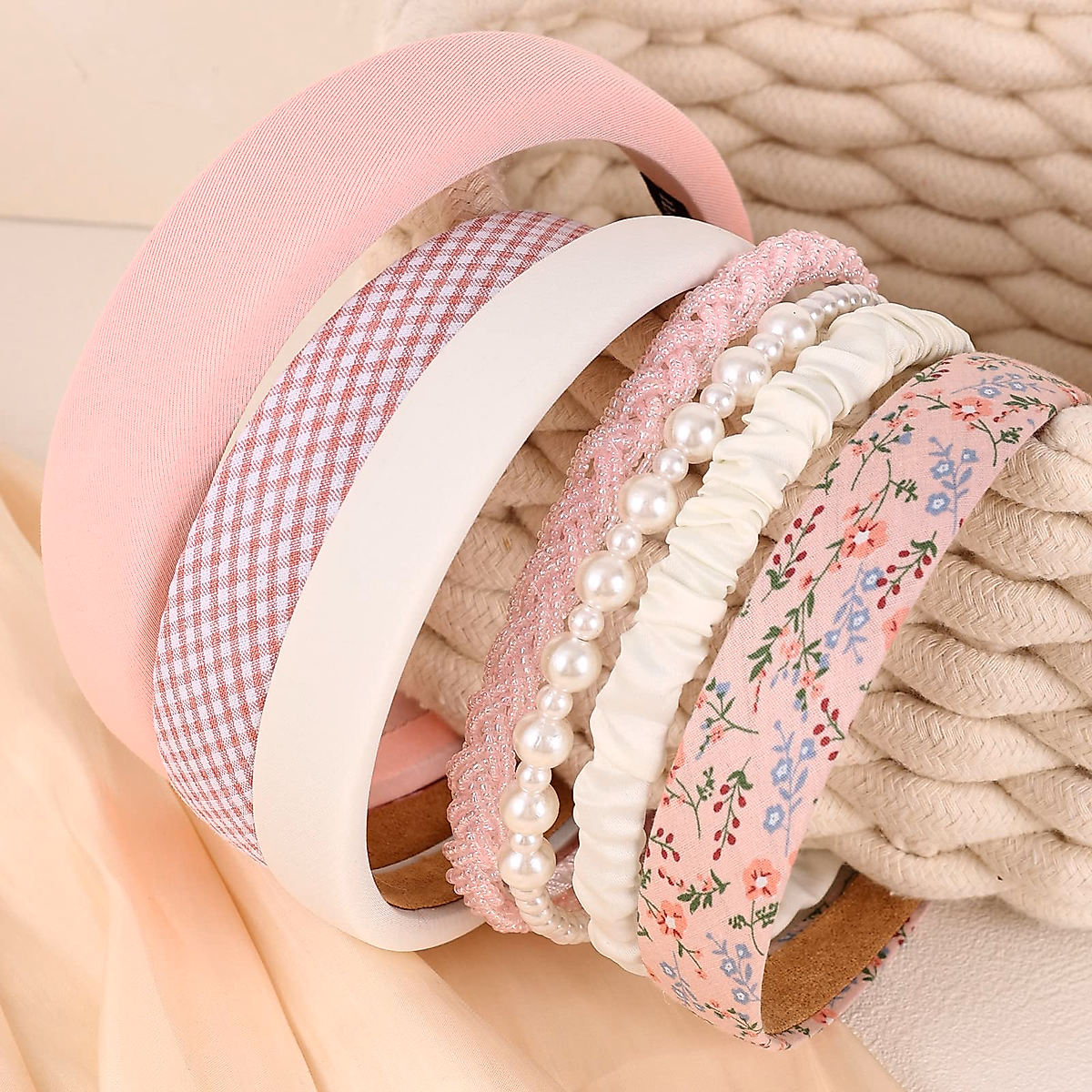 Drnytunk Women's Pearl Floral Padded Wide Bandana Headbands, Vintage Hair Accessories, Pink